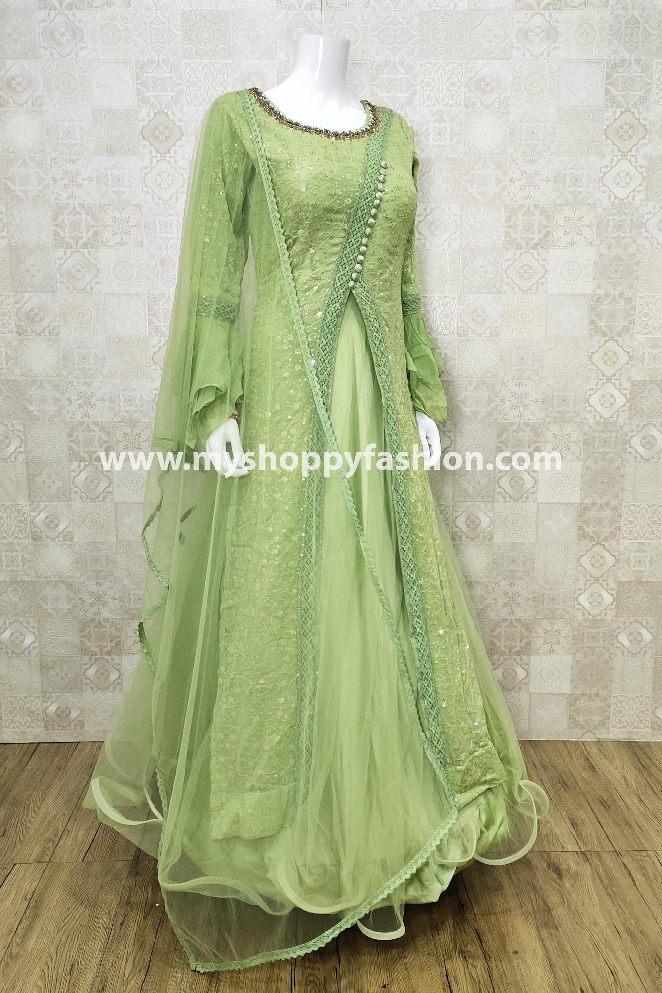 Pista Color Party Wear Gown With Dupatta :: MY SHOPPY LADIES WEAR