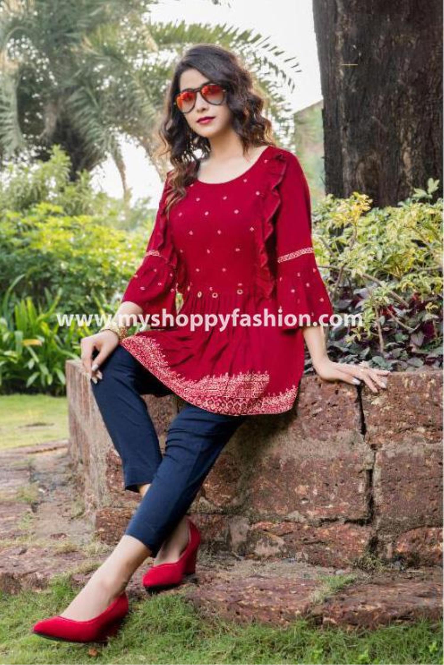 Red Color Casual Wear Short Kurti :: MY SHOPPY LADIES WEAR